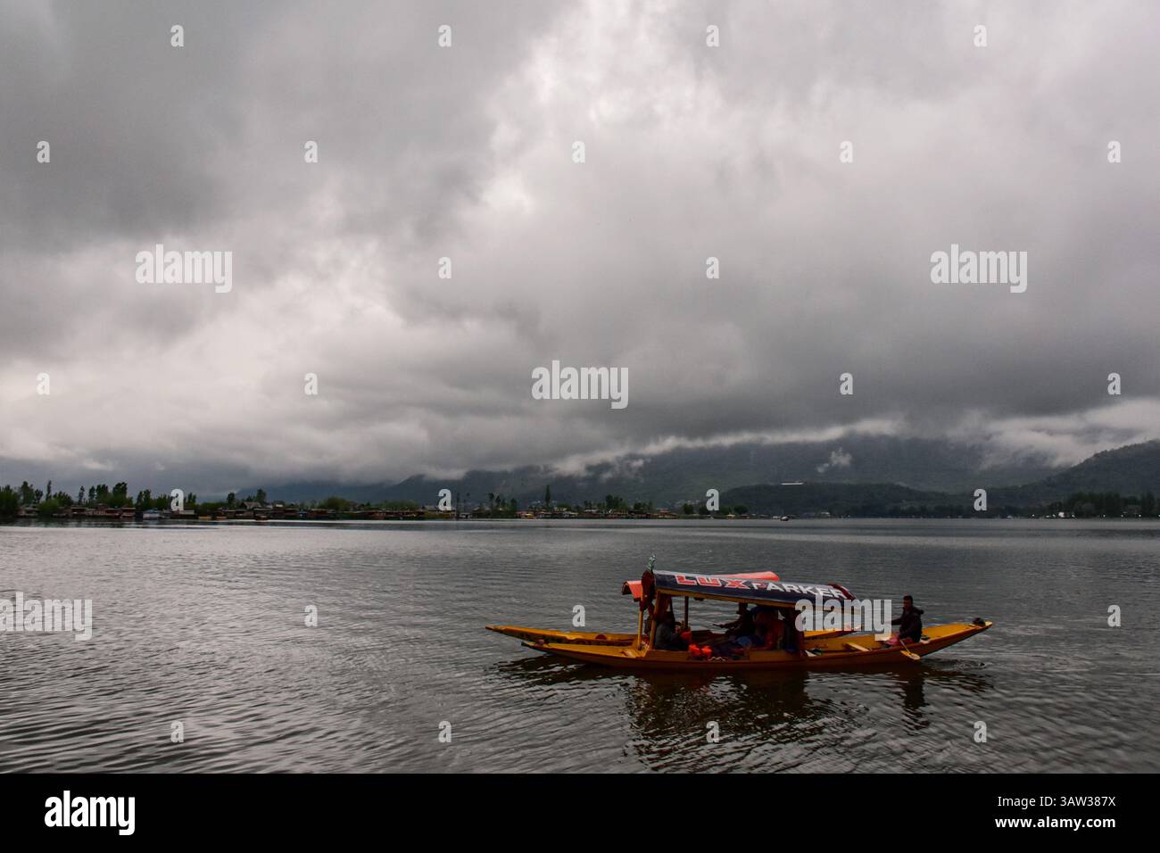 Srinagar, India. 19th Apr, 2025. A Kashmiri boatman rows his boat across the world famous Dal ...