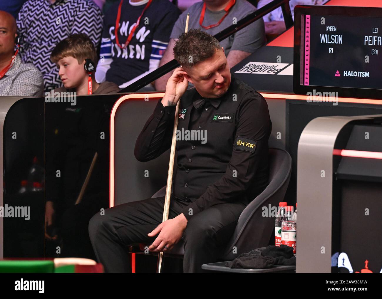 Sheffield, England, 19th April 2025. Kyren Wilson reacts during his ...