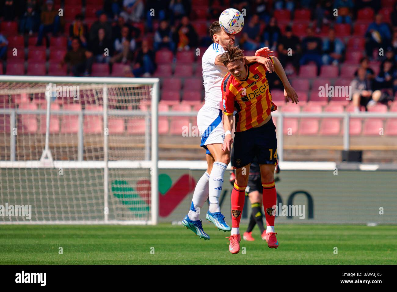 Lecce, Italy. 19th Apr, 2025. Borir Johann Helgason of US Lecce in action against Edoardo ...