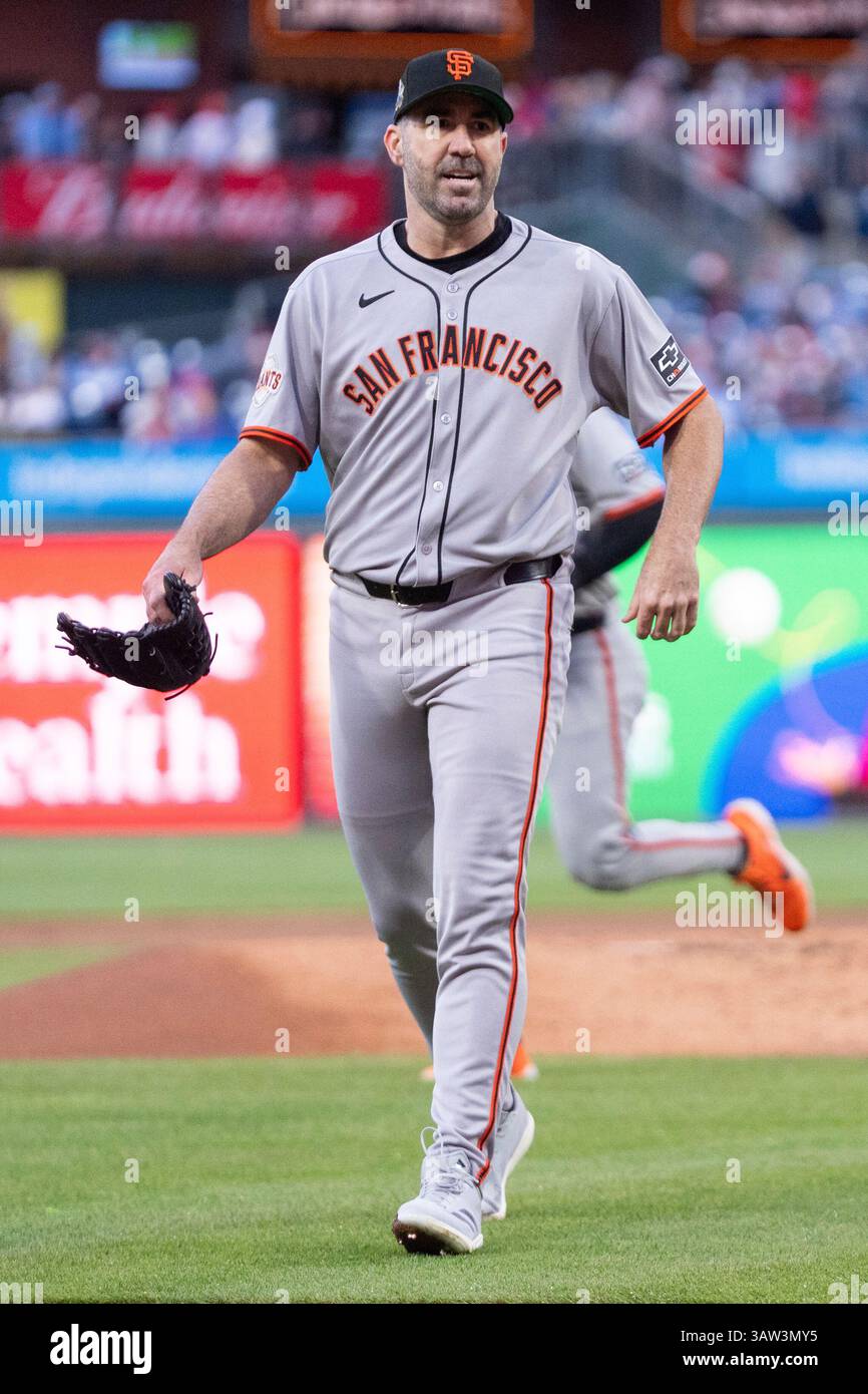 San Francisco Giants starting pitcher Justin Verlander reacts during ...
