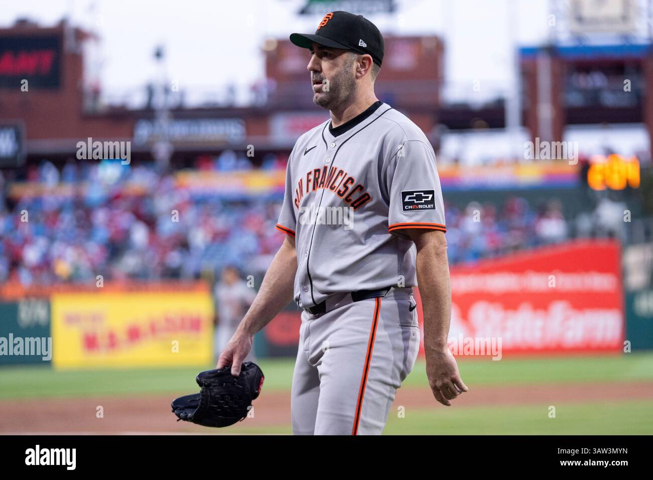 San Francisco Giants starting pitcher Justin Verlander reacts during ...