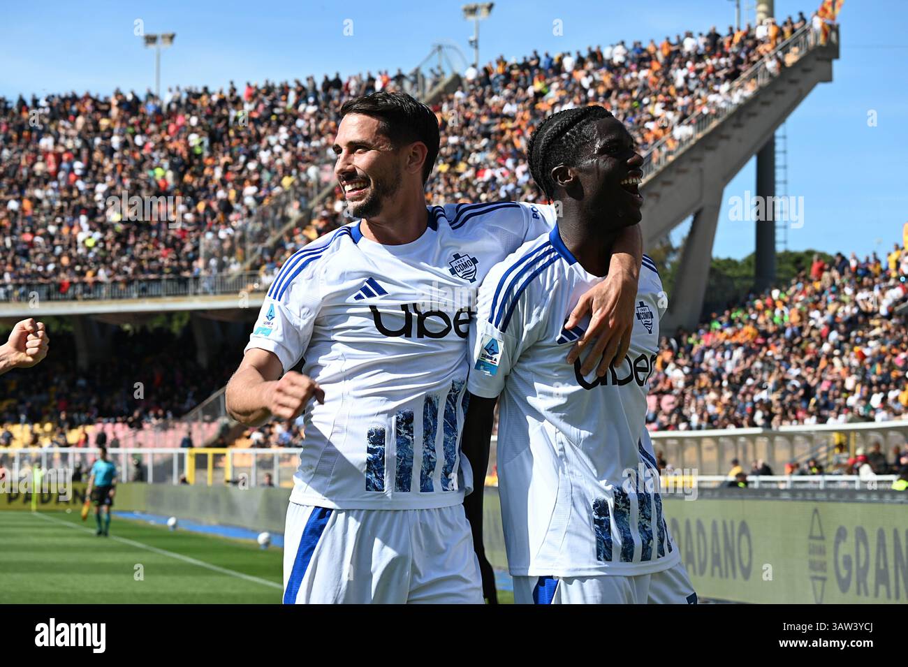Lecce, Italy. 19th Apr, 2025. Assane Diao and Maximo Perrone (Como ...