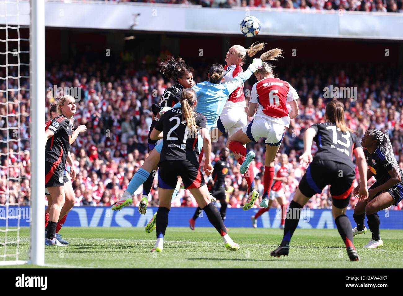 London, UK. 19th Apr, 2025. Christiane Endler of Lyon appears to punch ...