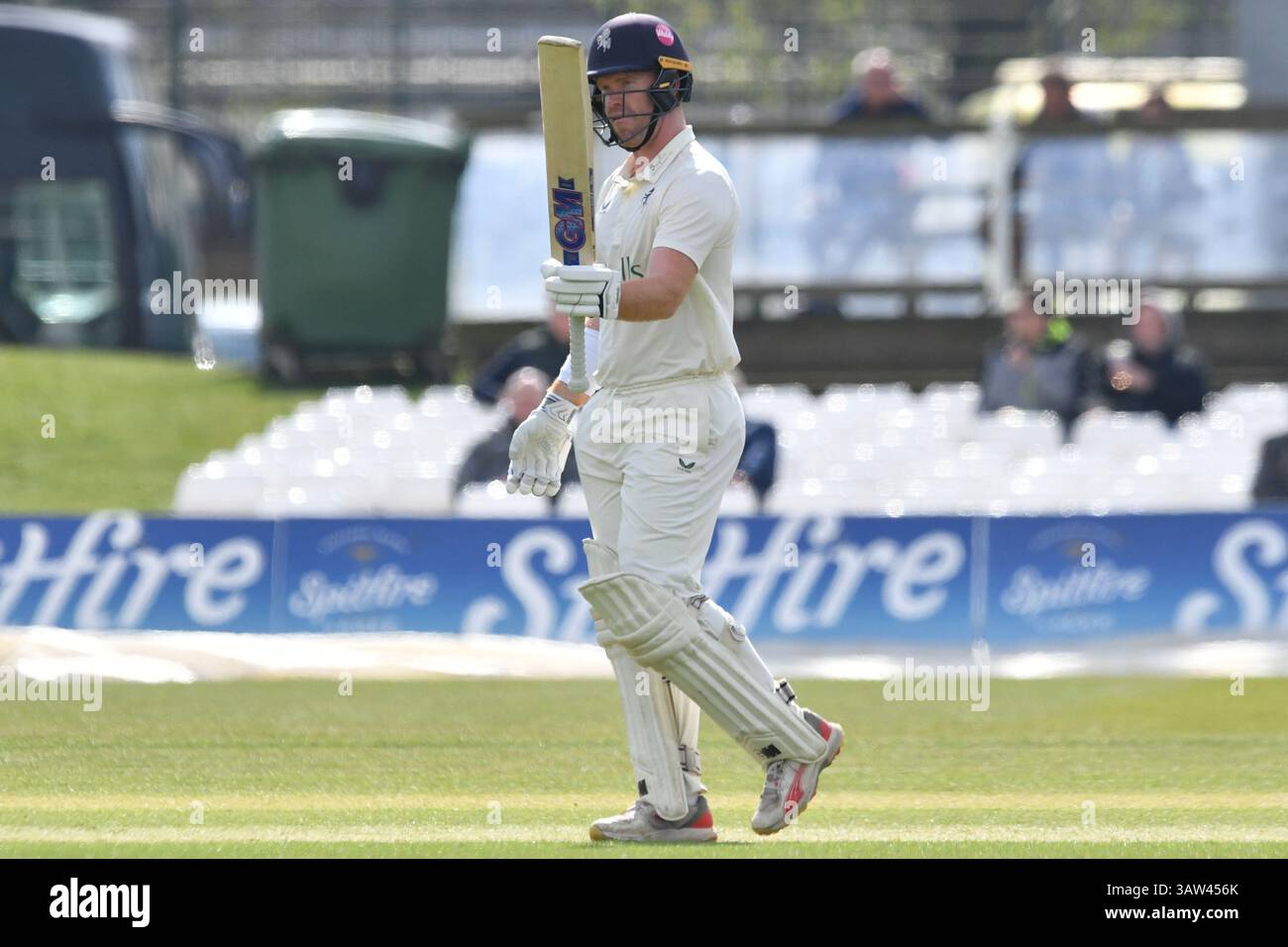 Canterbury, England. 19th Apr 2025. Ben Compton celebrates reaching a ...
