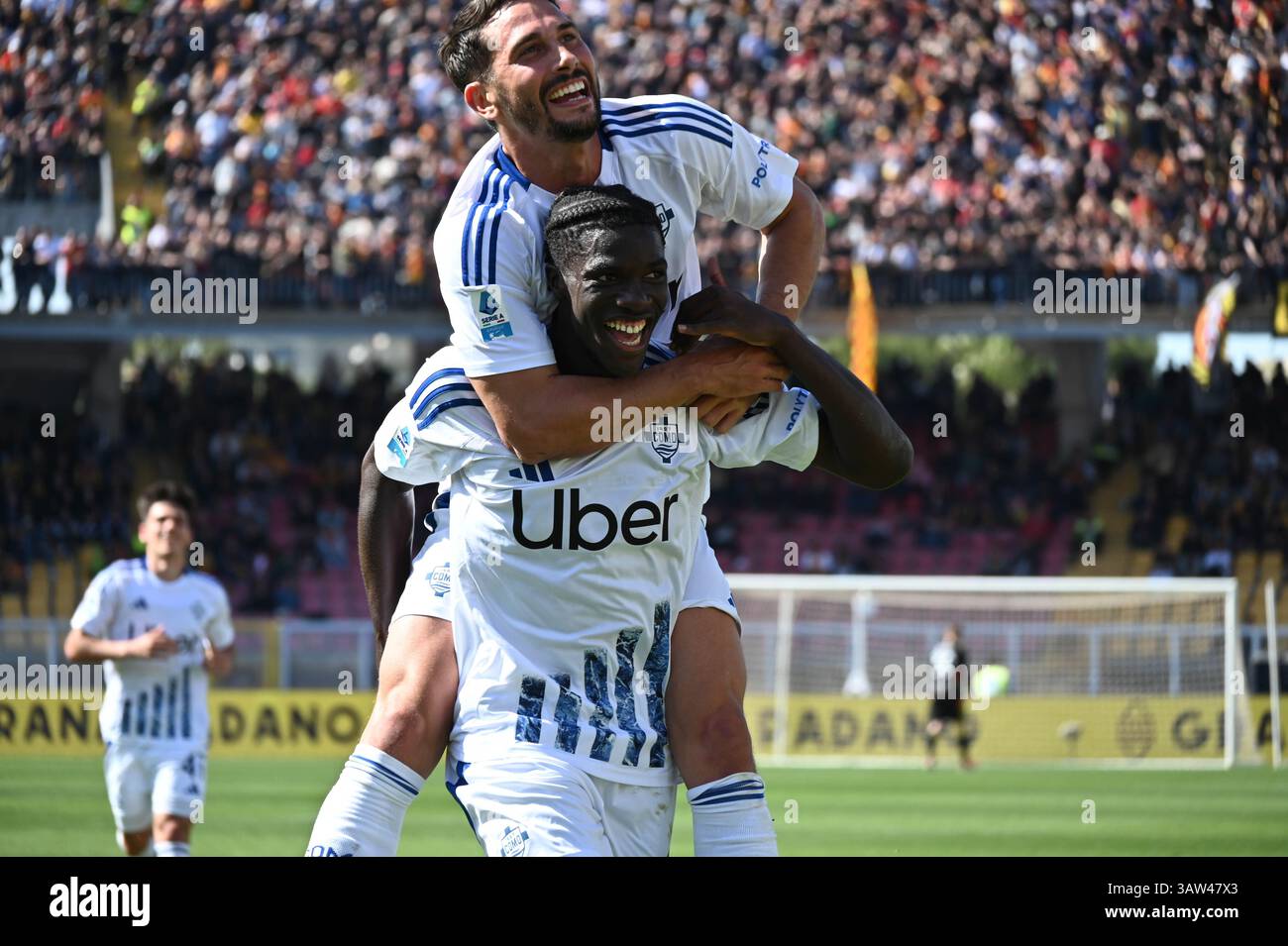 Lecce, Italy. 19th Apr, 2025. Assane Diao and Maximo Perrone (Como ...