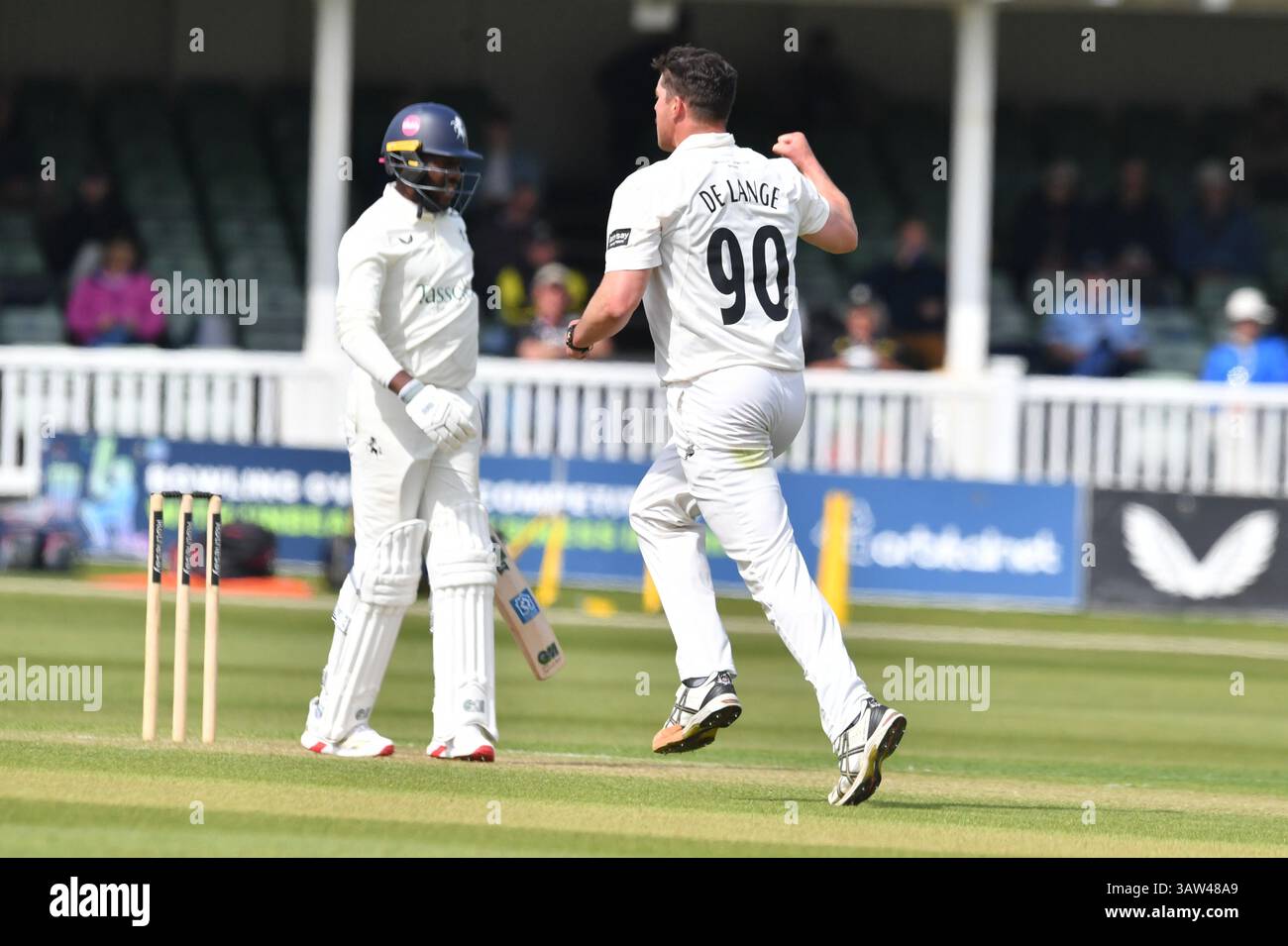 Canterbury, England. 19th Apr 2025. Marchant de Lange celebrates taking ...
