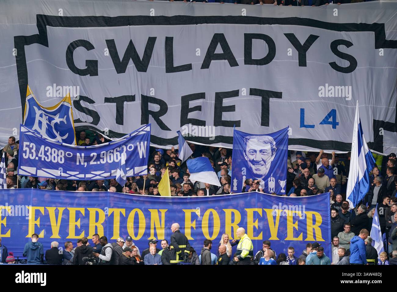 Liverpool, England, 19th April 2025. Everton fans unveil giant banners ...