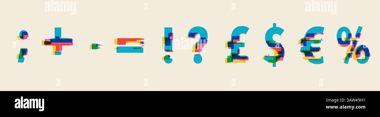 alphabet made of multicolored numbers and symbols with glitch effect ...