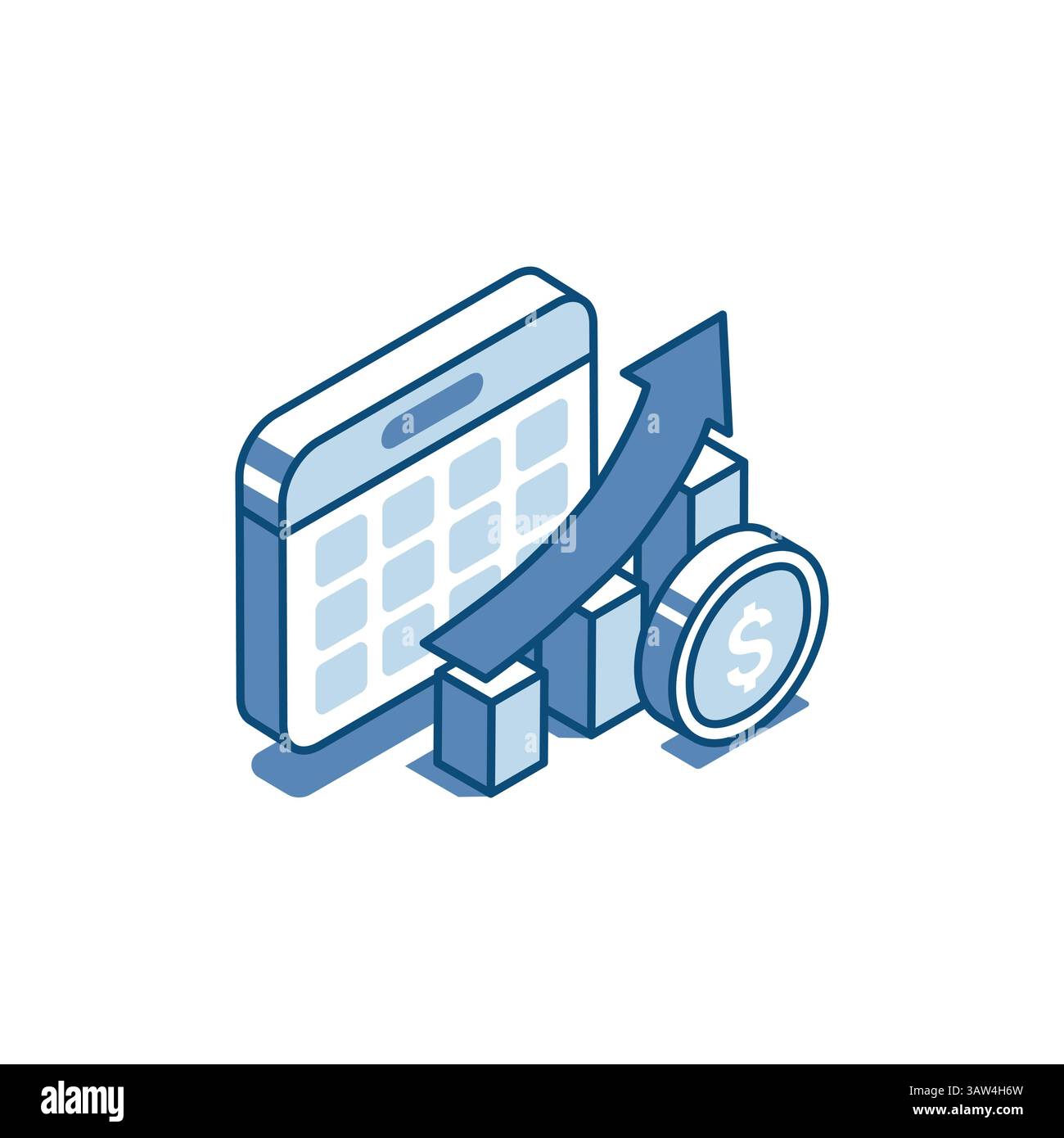 isometric vector linear icon calendar and chart with arrow and coin, in color on white ...
