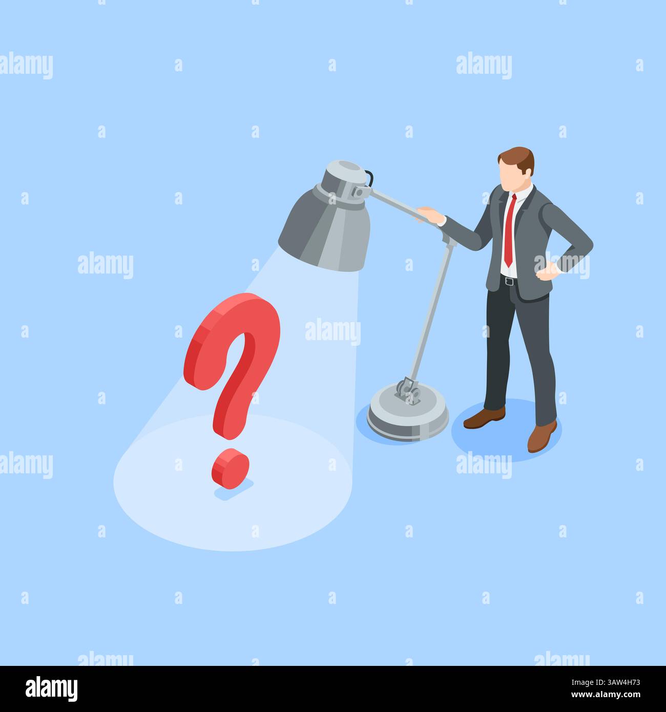 isometric vector business man shines lamp on big question mark, in ...