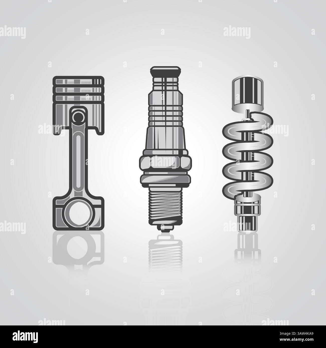 Bike piston, shocks, spark plug, icons, editable with silver background ...