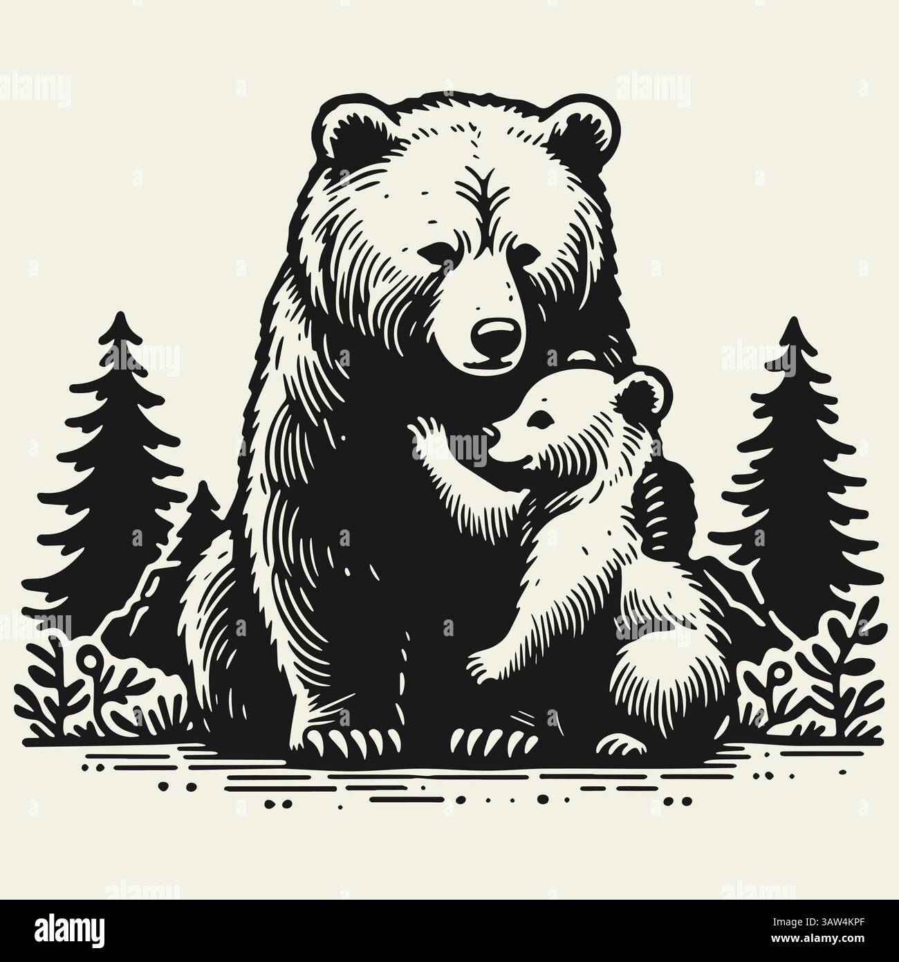 She-bear with a cub on a forest background, wild animal with her cub ...