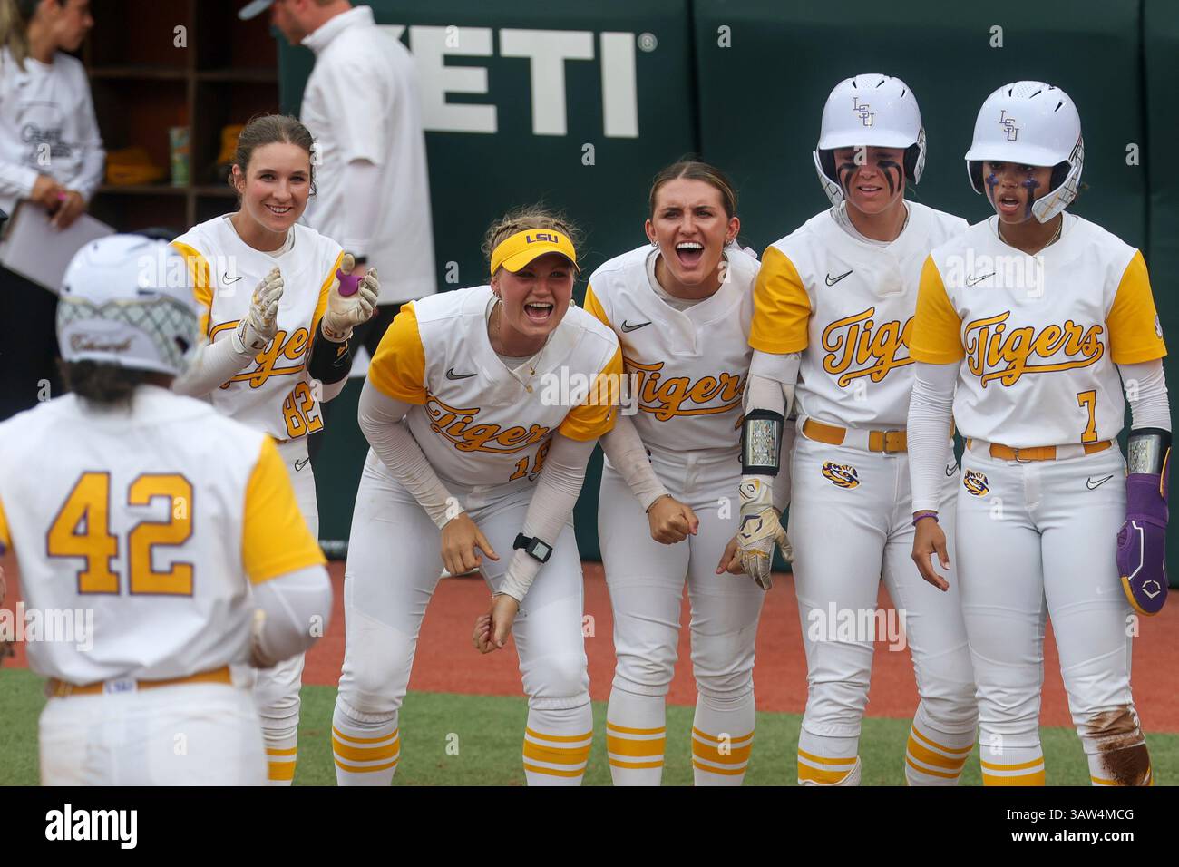AUSTIN, TX - APRIL 18: LSU players scream at home plate as LSU utility ...
