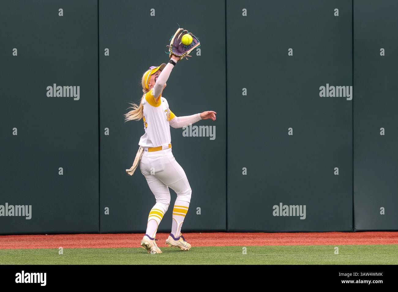 AUSTIN, TX - APRIL 18: LSU outfielder McKenzie Redoutey (4) catches a ...