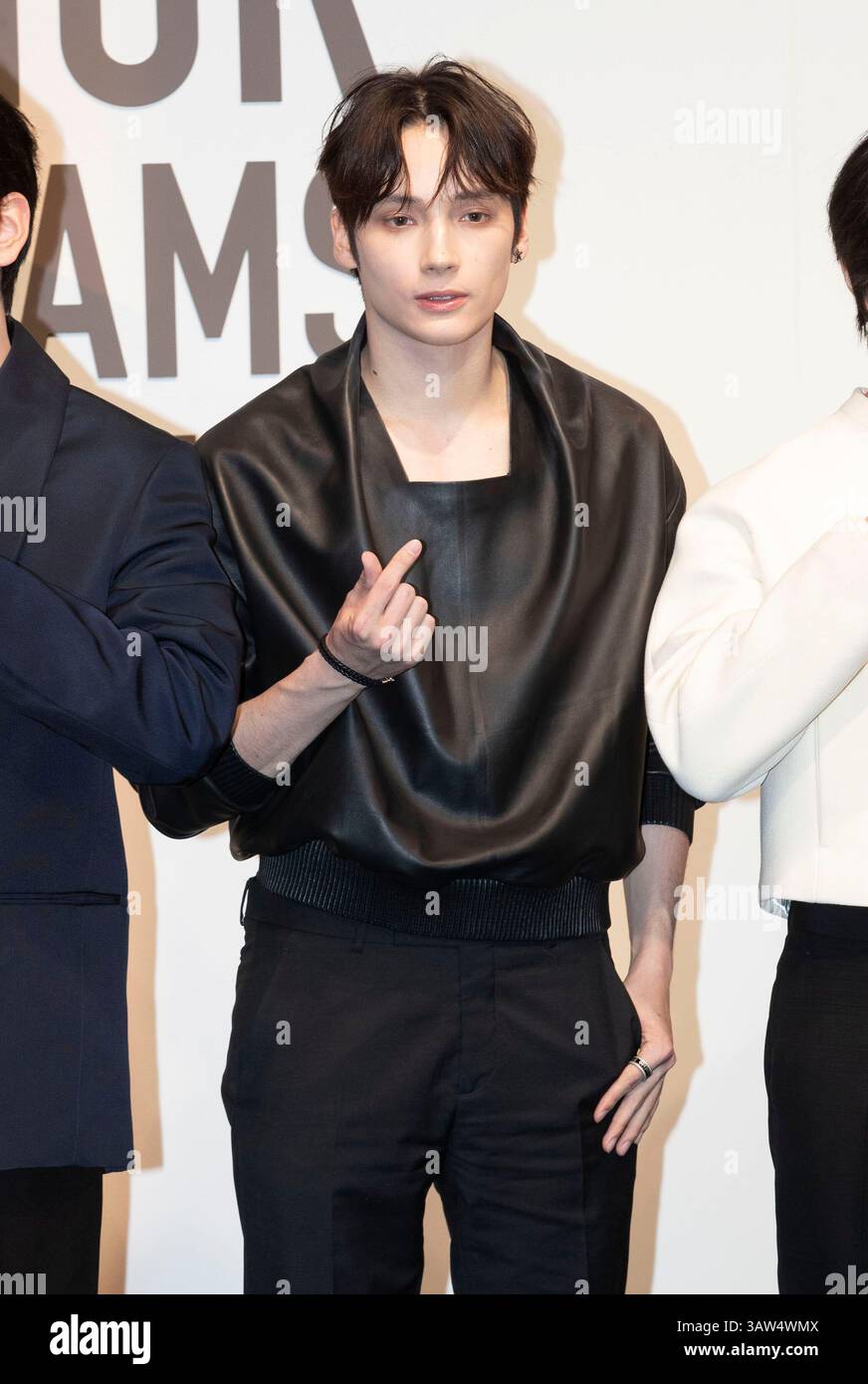 Seoul, South Korea. 18th Apr, 2025. (L to R) Soobin, Huening, Kai, Beomgyu, Yeonjun and Taehyun ...