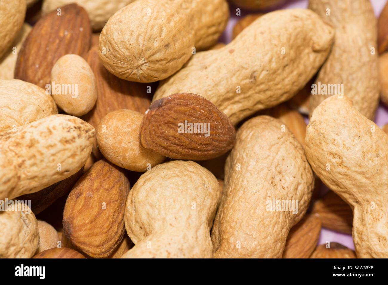 Closeup view of mixture of different types of tree nuts in the shells ...