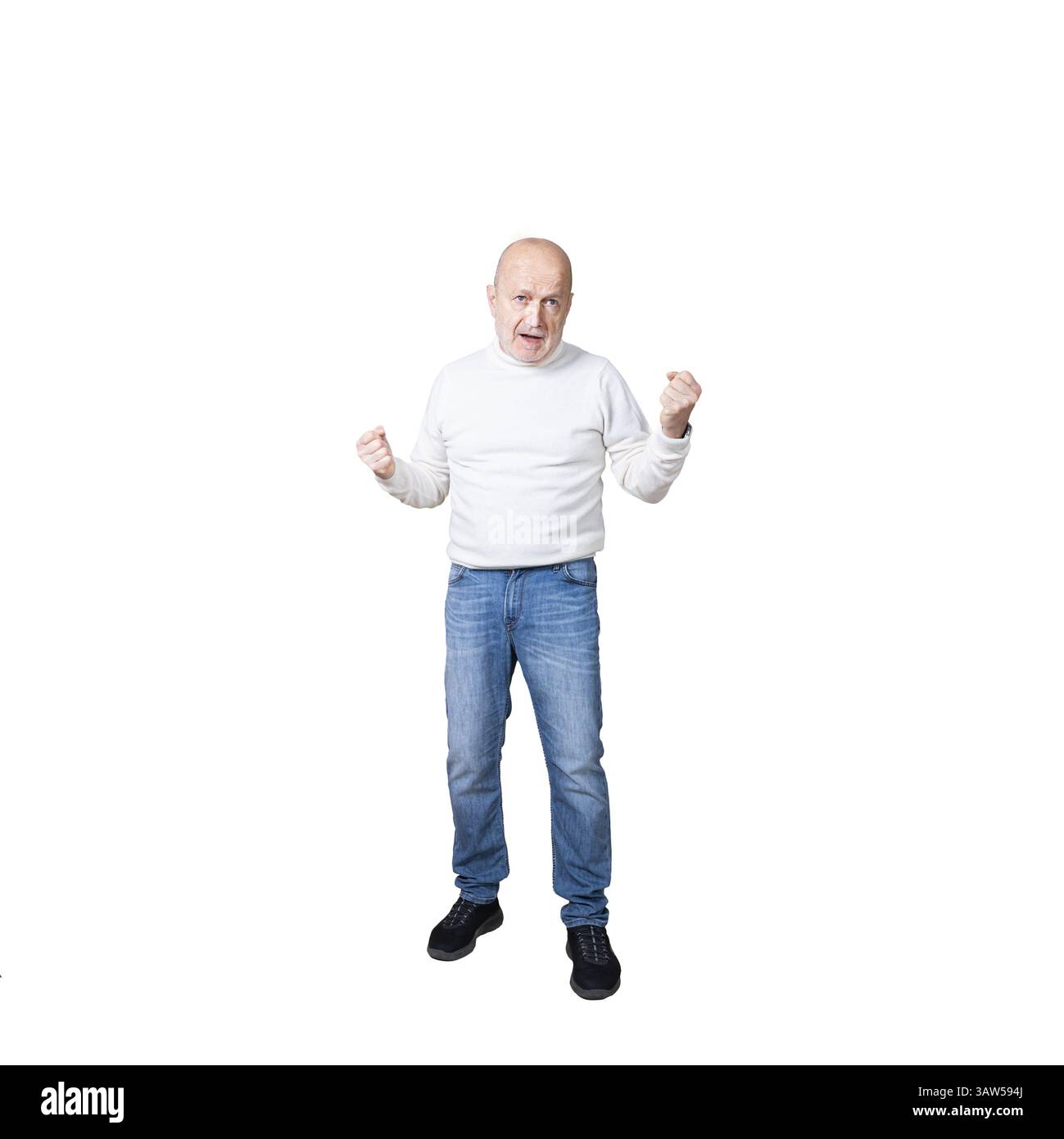 a man makes a gesture of strength with closed fists on a transparent ...