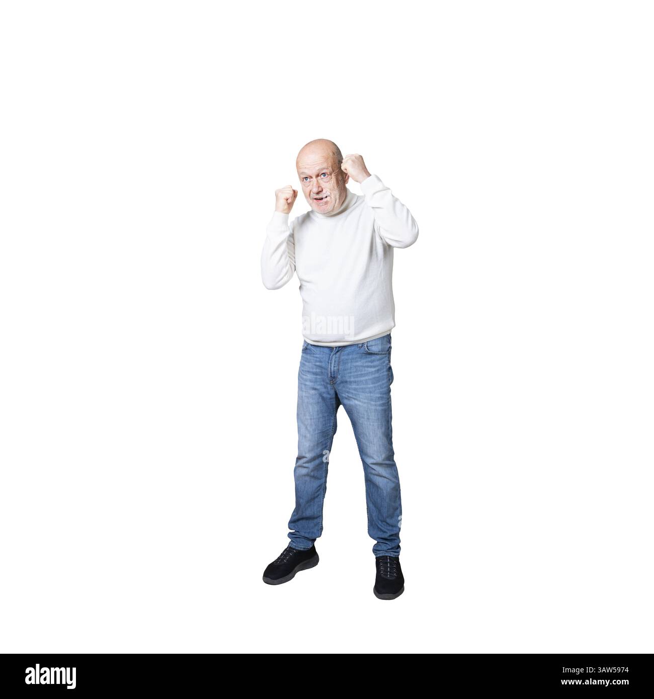 a man makes a gesture of strength with closed fists on a transparent ...