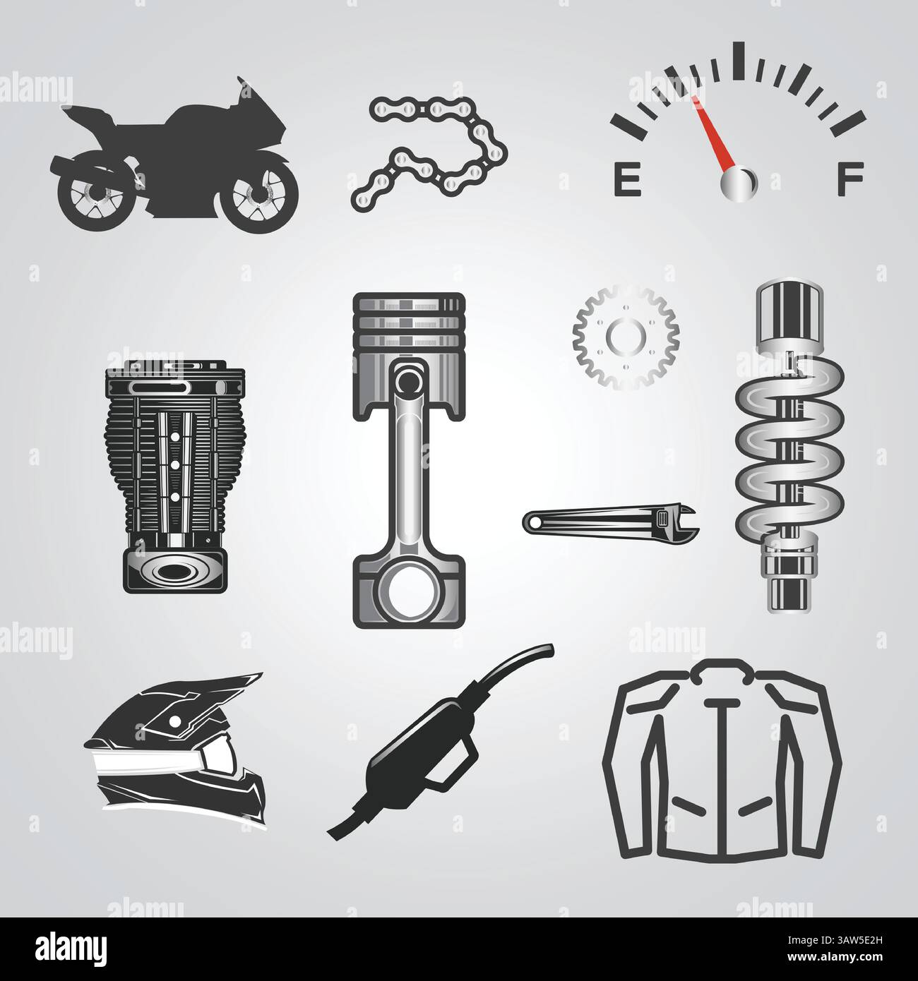 Motorcycle parts icons, helmet, gloves, jacket, petrol pump, Gear ...