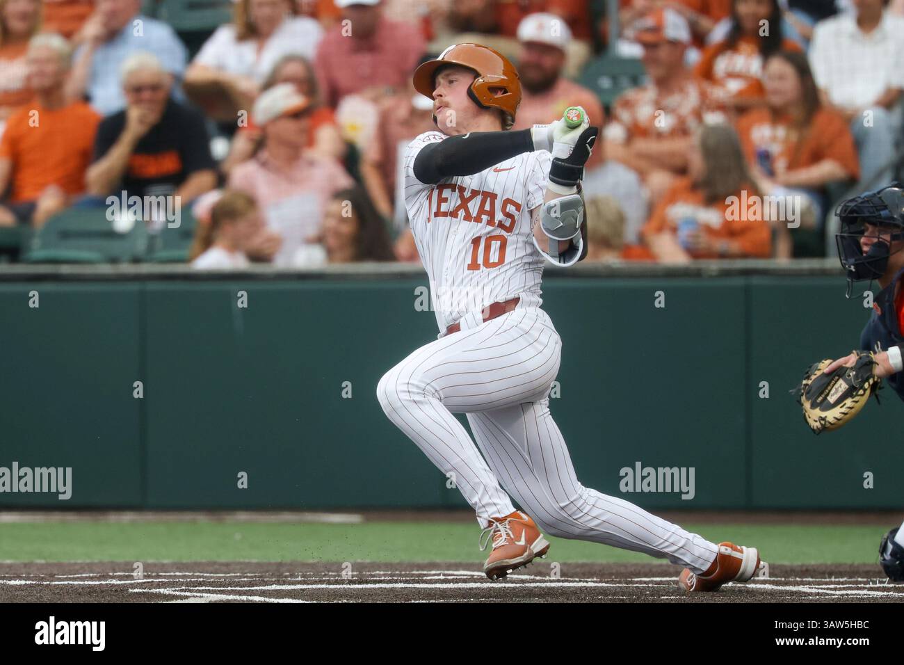 AUSTIN, TX - APRIL 18: Texas catcher Kimble Schuessler (10) watches the ...