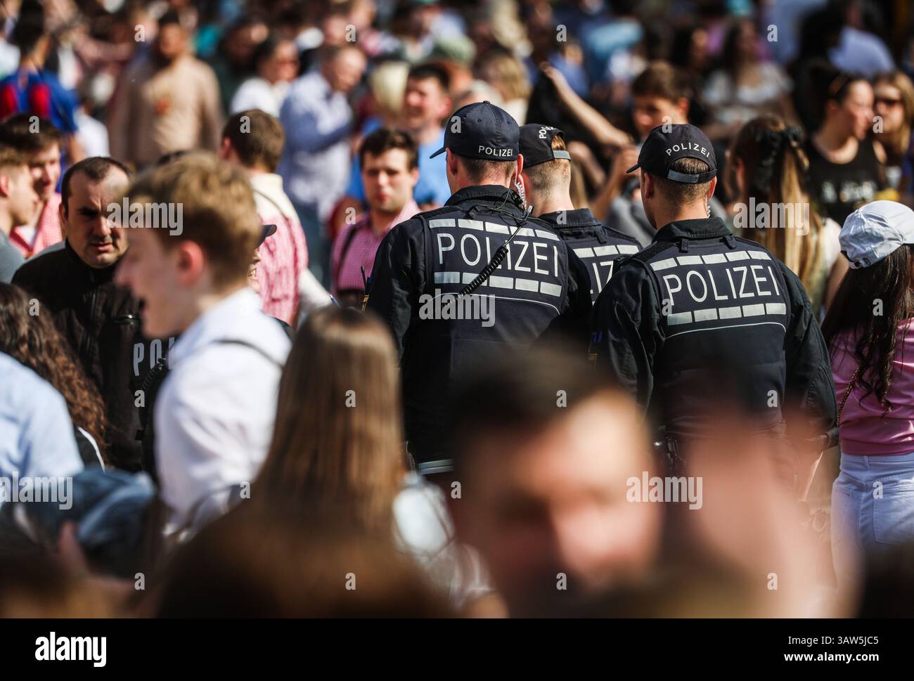 19 April 2024, Baden-Württemberg, Stuttgart: Police officers patrol the ...