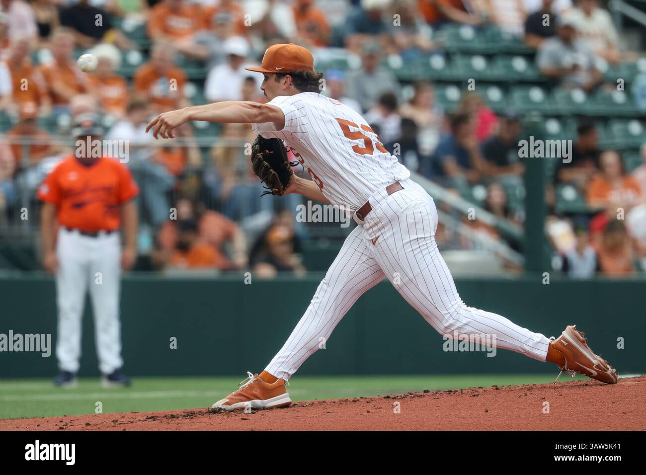 AUSTIN, TX - APRIL 18: Texas pitcher Luke Harrison (53) pitches the ...