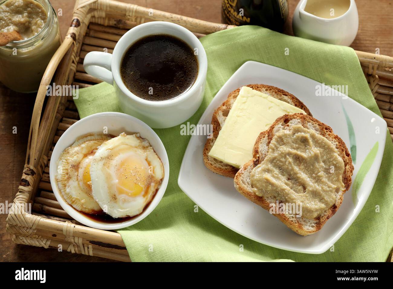 April 14, 2016 - Chicago, IL, USA - Kaya toast set, a Singapore coffee ...