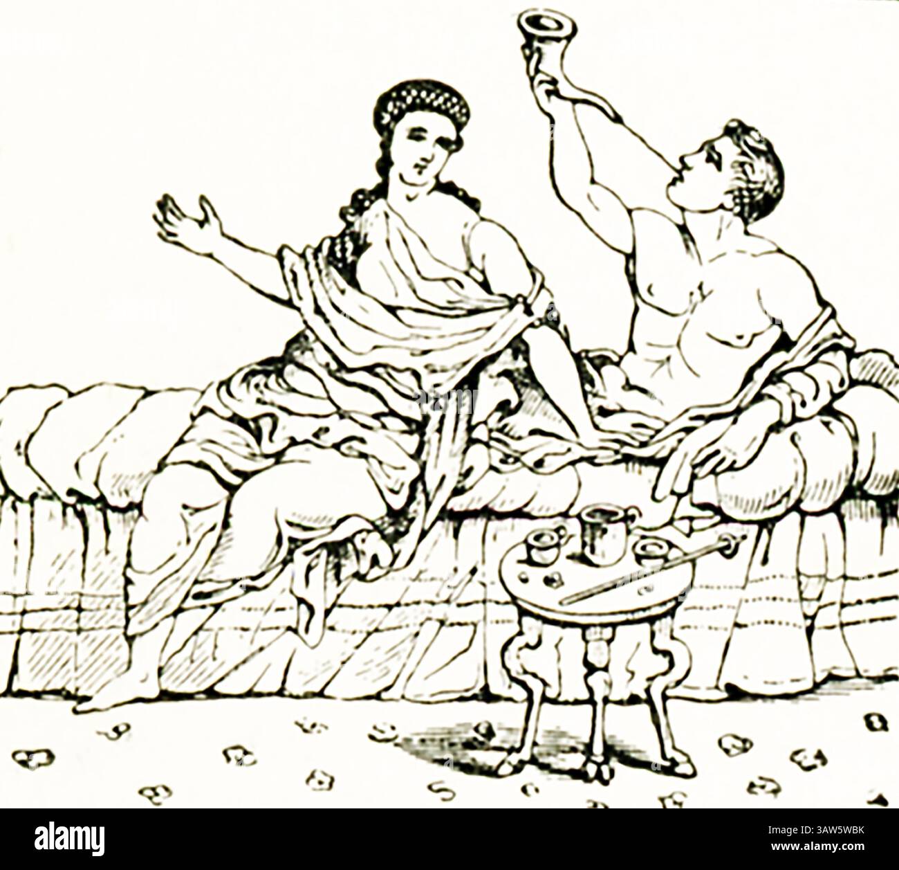 This mid-1800s illustration shows a Roman man and woman dining. The ...