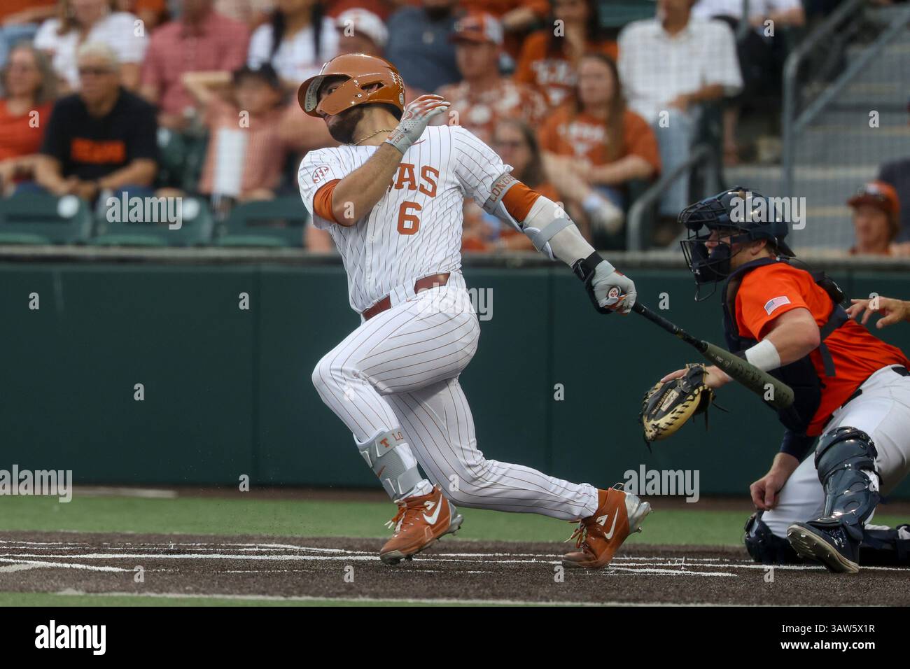 AUSTIN, TX - APRIL 18: Texas catcher Rylan Galvan (6) watches the ball ...
