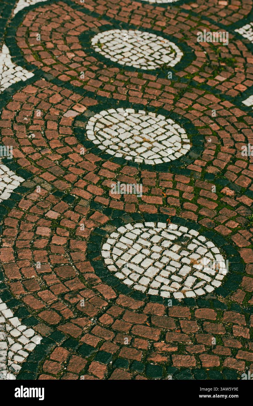 This eye-level shot captures a patterned cobblestone pavement ...