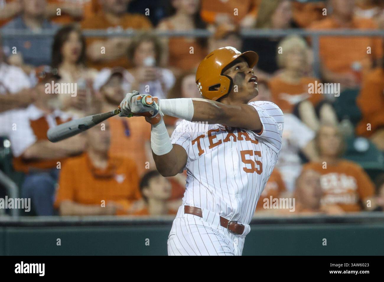 AUSTIN, TX - APRIL 18: Texas outfielder Jonah Williams (55) watches his ...