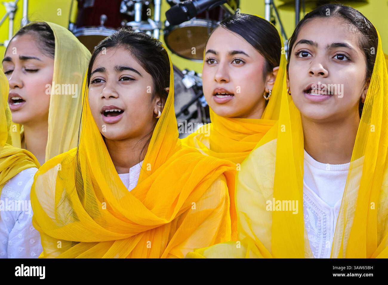 London, UK. 19th Apr, 2025. The Khalsa Kids Jatha performance on stage ...