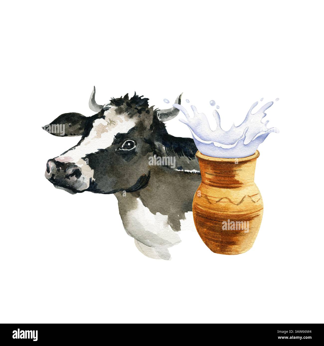 watercolor black and white spotted cow's head and milk tableware, clay ...