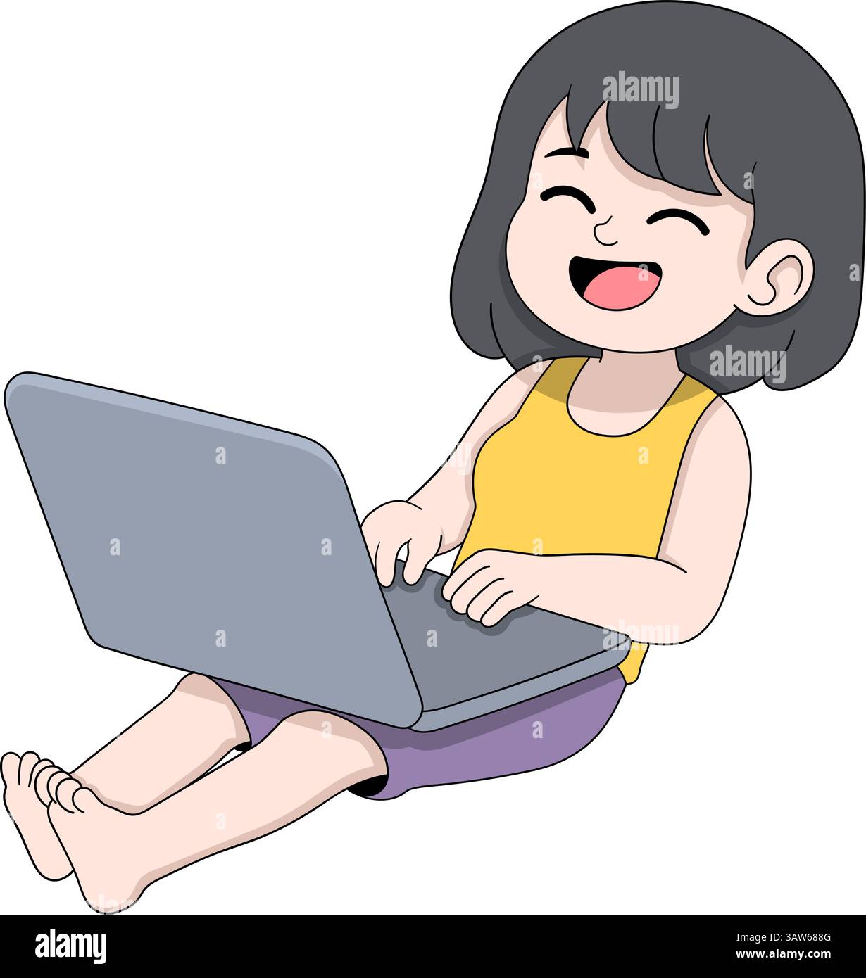 Cute cartoon style girl sitting barefoot while using a laptop, smiling ...