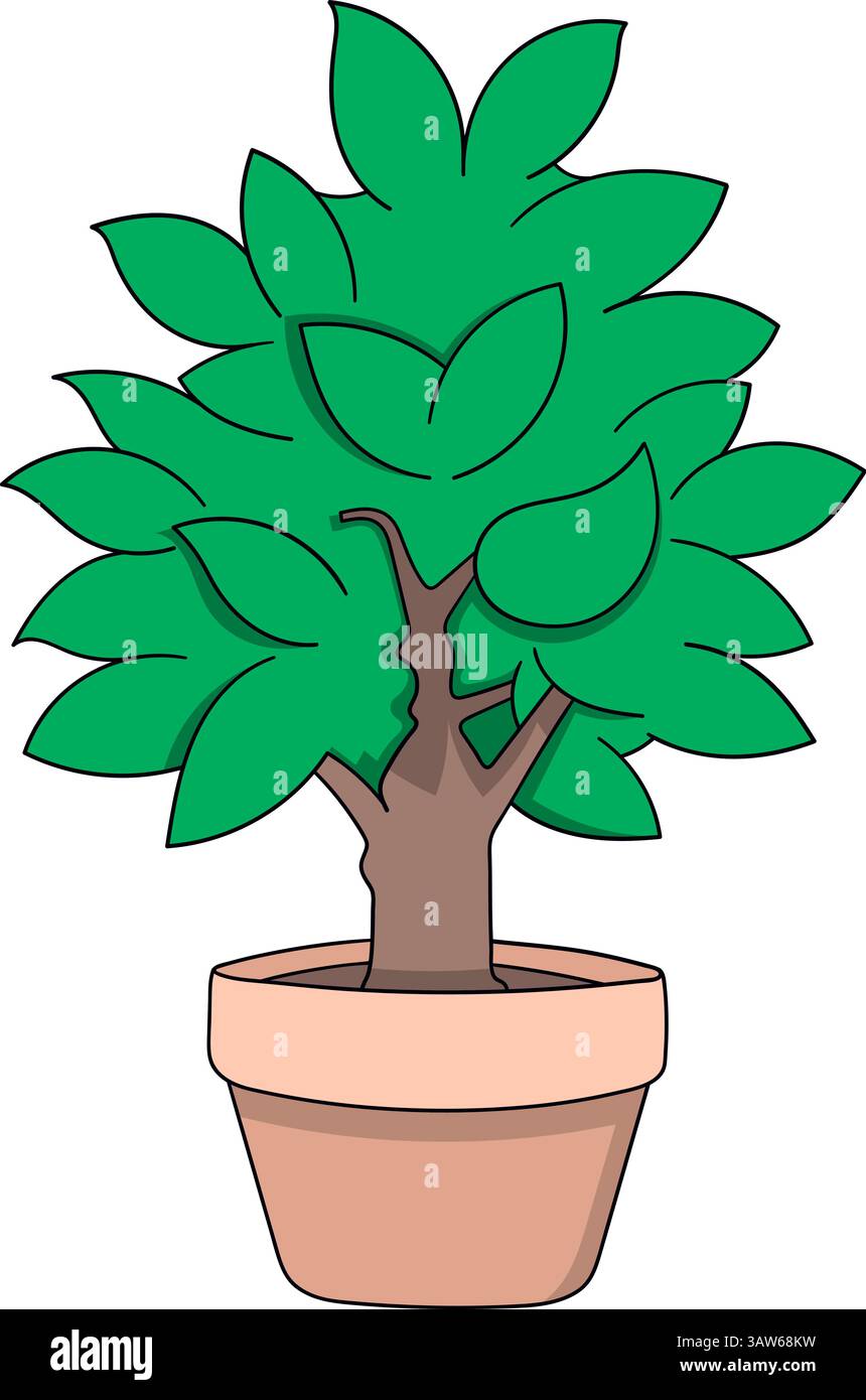 Creative cartoon style potted tree with thick green leaves and a trunk ...