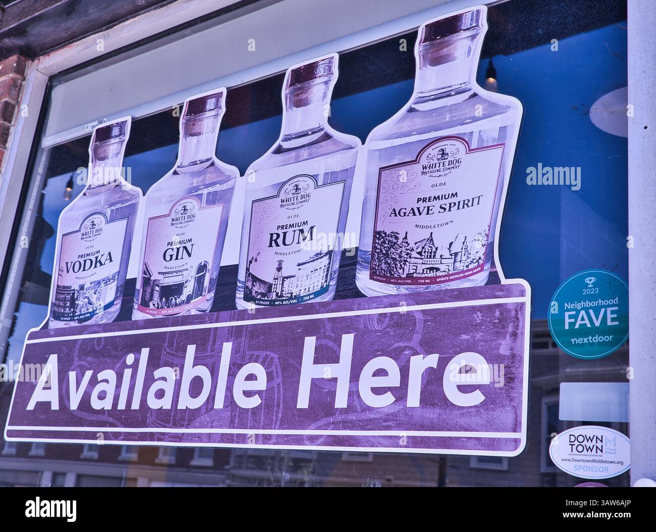 White Dog Vodka Gin Rum and Agave spirit window display, Middletown ...