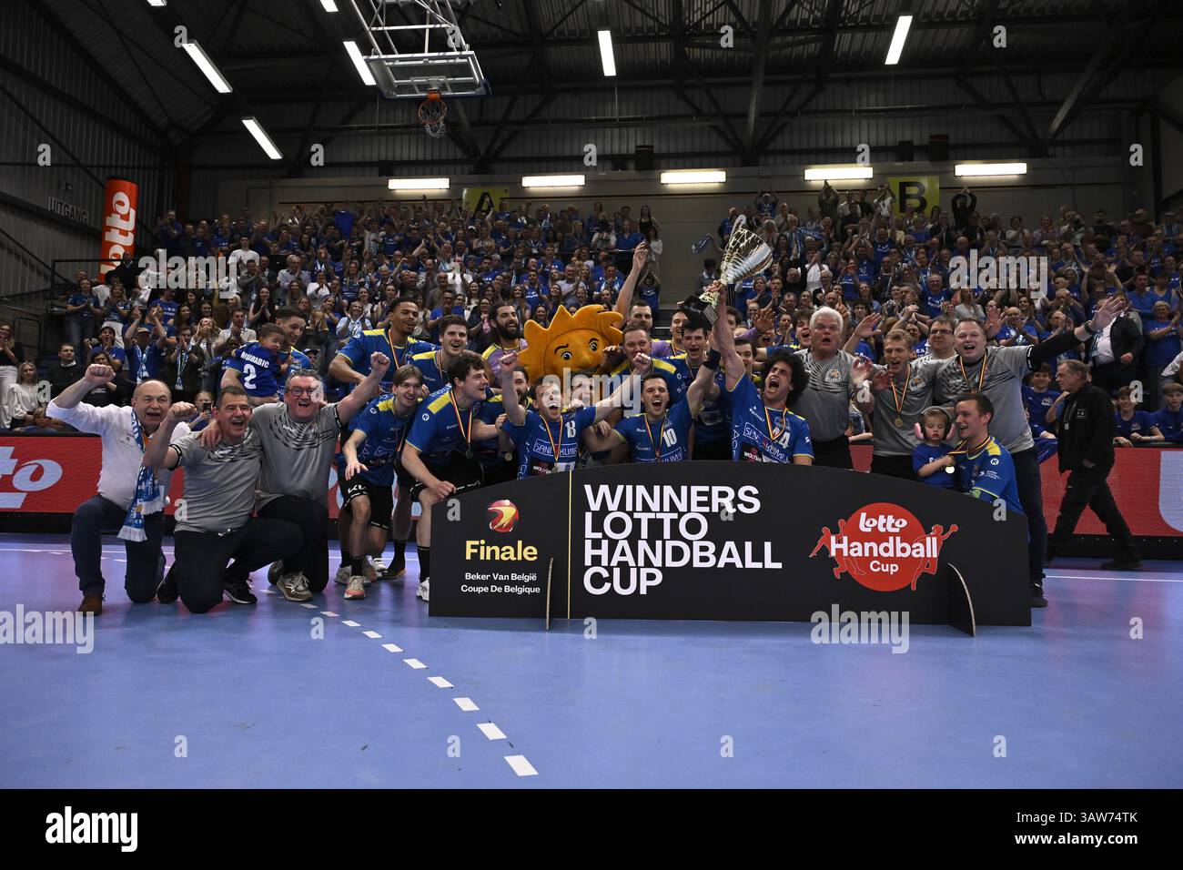Hasselt, Belgium. 19th Apr, 2025. Bocholt's players celebrate after ...