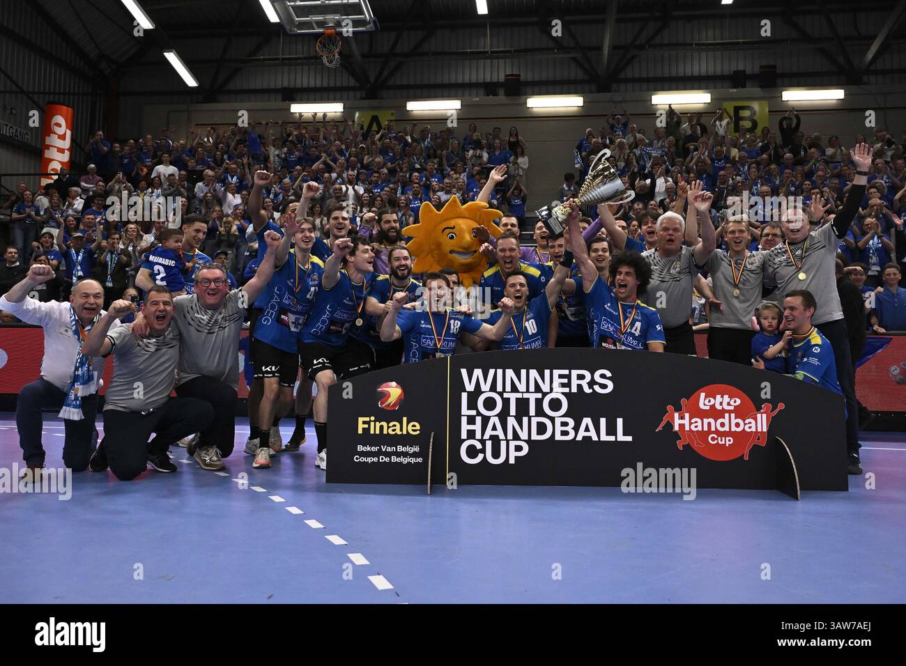 Hasselt, Belgium. 19th Apr, 2025. Bocholt's players celebrate after ...