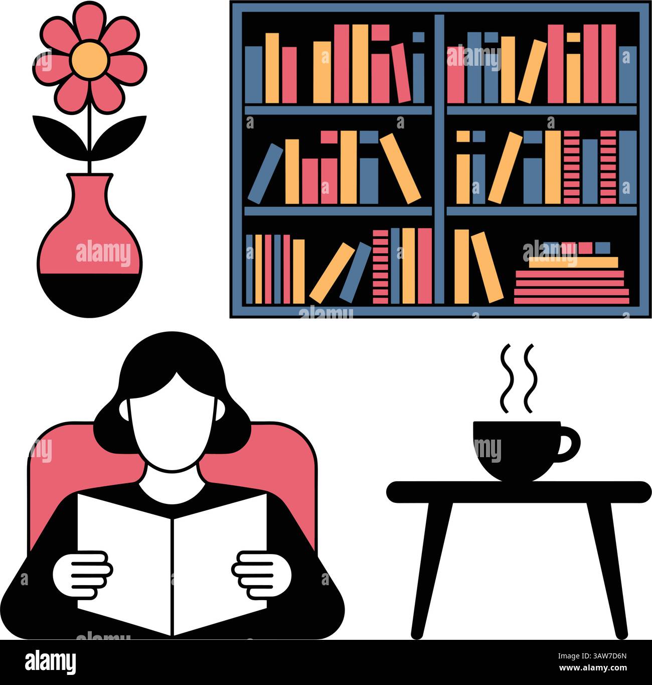 Vector illustration of a person reading with bookshelves, coffee, and decor. Perfect for book ...