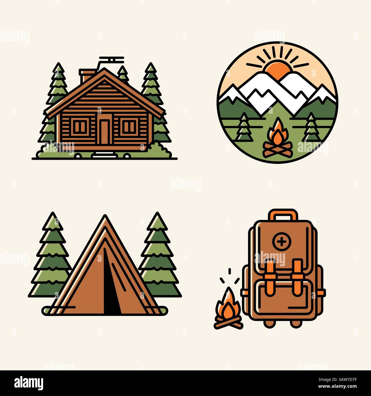 Vector set with cabin, tent, backpack, campfire, and mountain icons ...