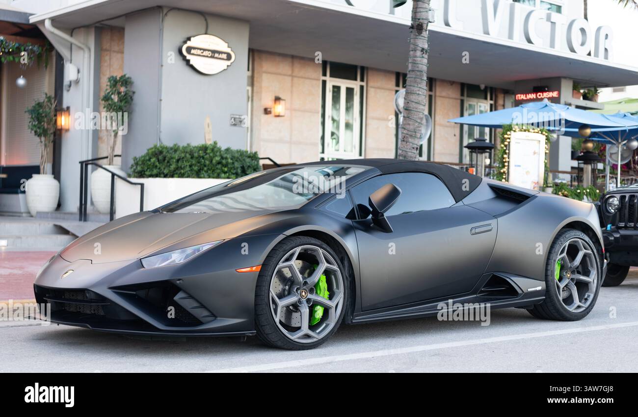 Miami, Florida, USA - December 19, 2024: 2021 Lamborghini Huracan EVO supercar sportscar ...