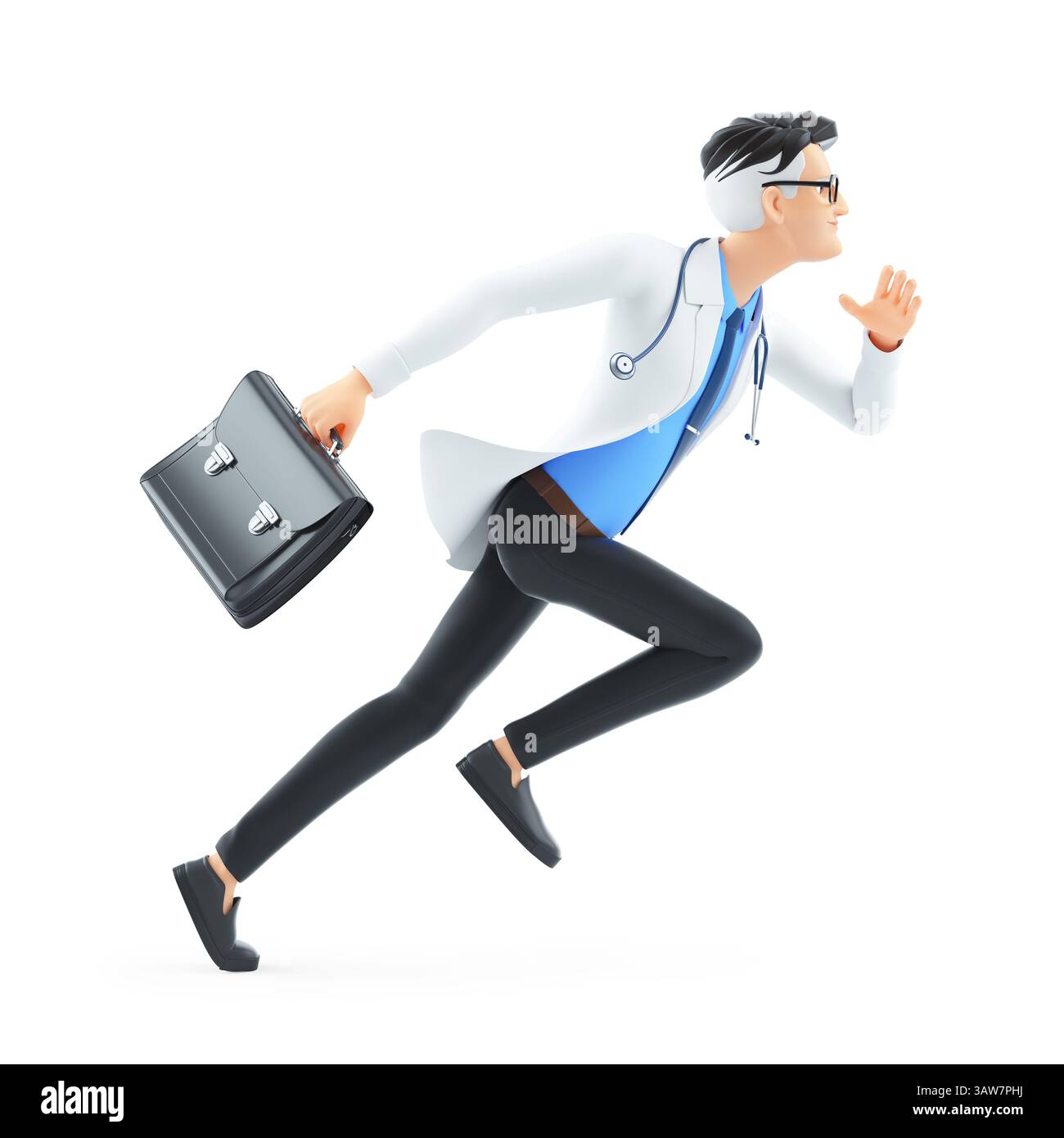 3d cartoon doctor running very fast with a briefcase, illustration ...