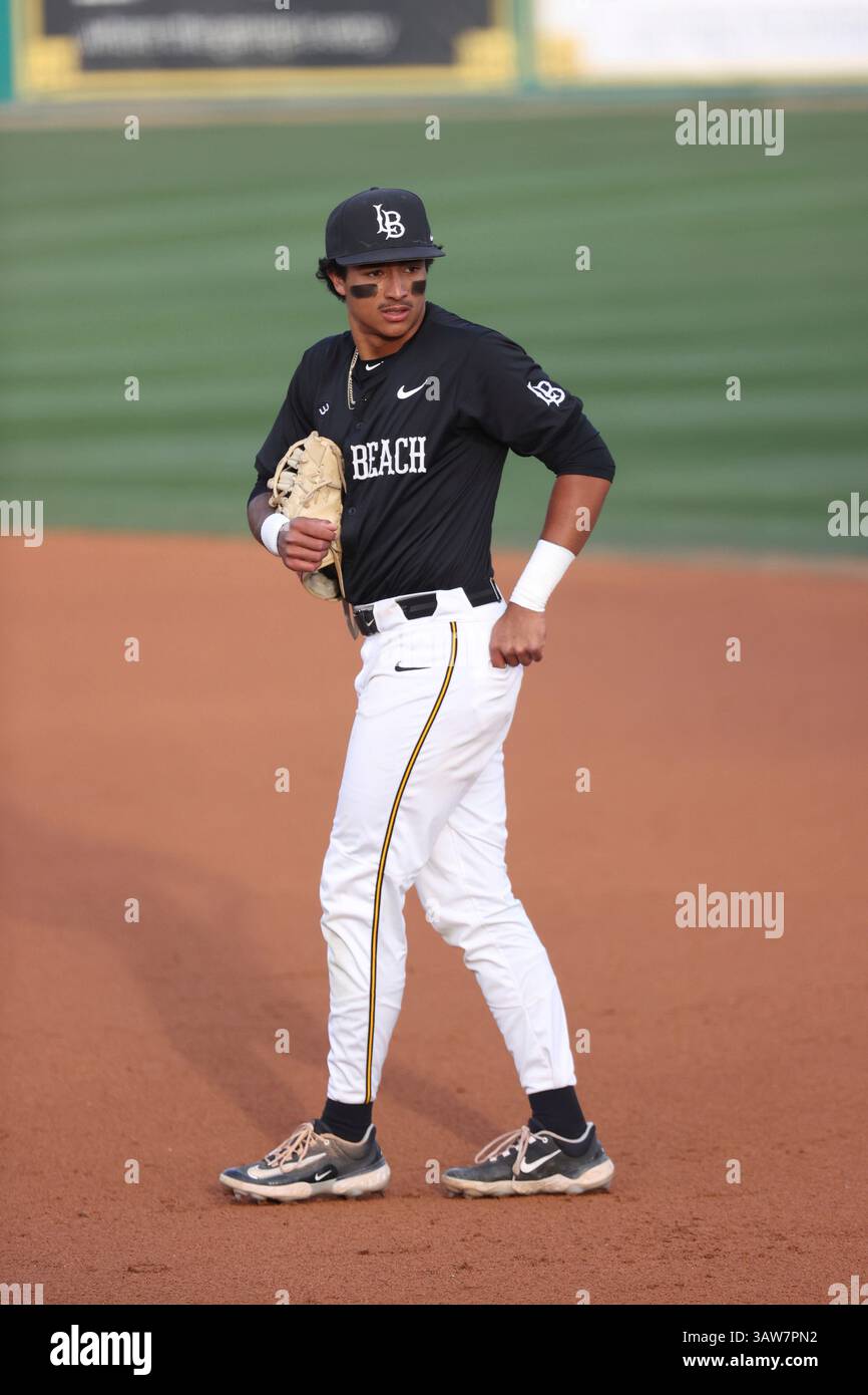 Nathan Cadena (14) of the Long Beach State Dirtbags in the field ...