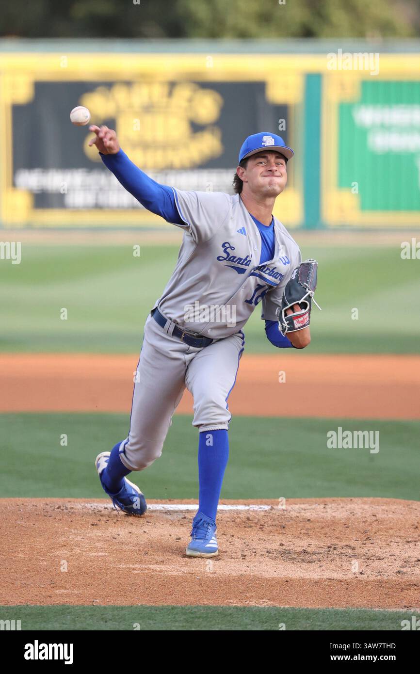 Tyler Bremner (18) of the UC Santa Barbara Gauchos pitches against the ...