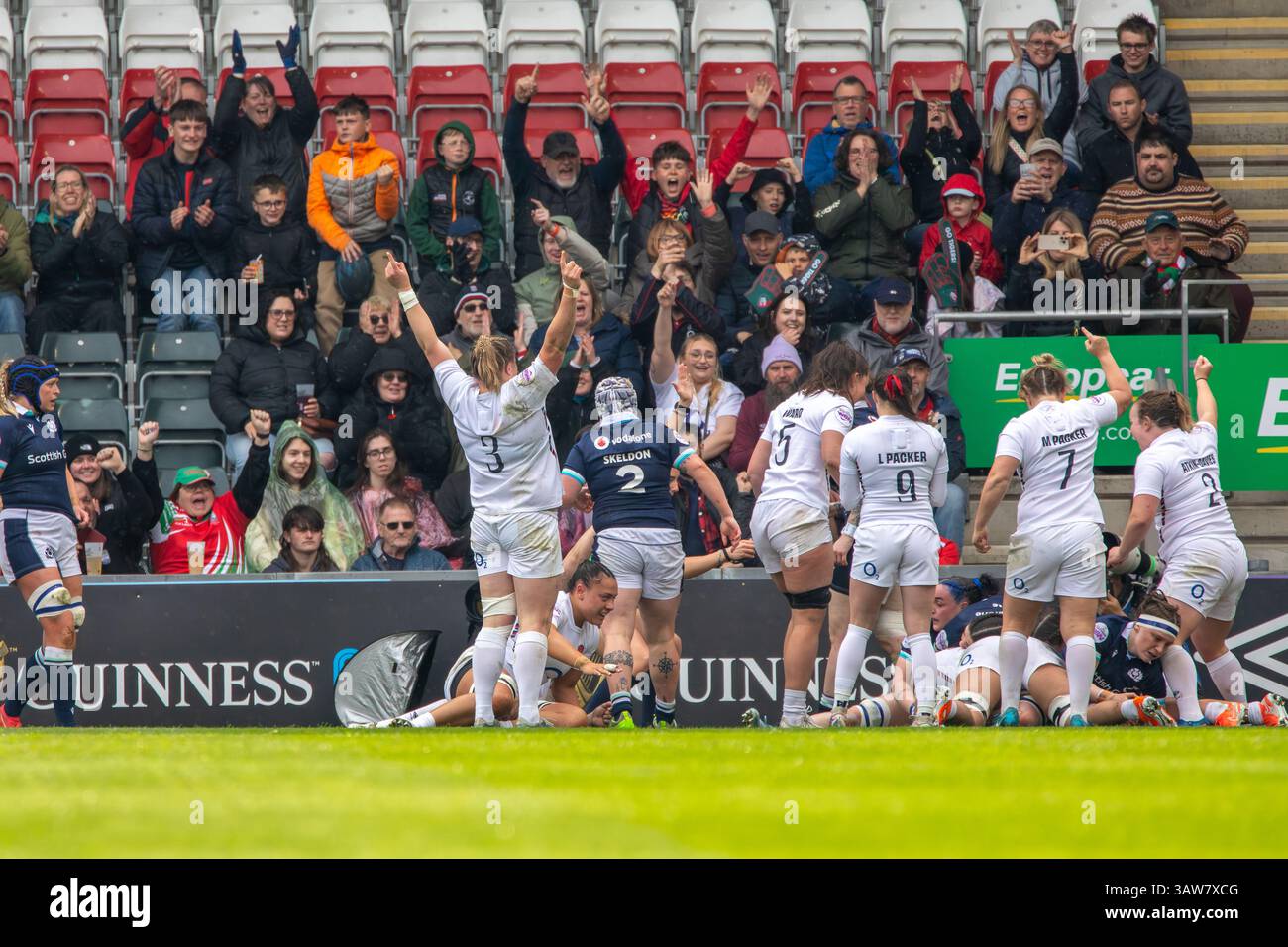 Leicester, UK, 19th April 2025 England celebreate the first try in the ...
