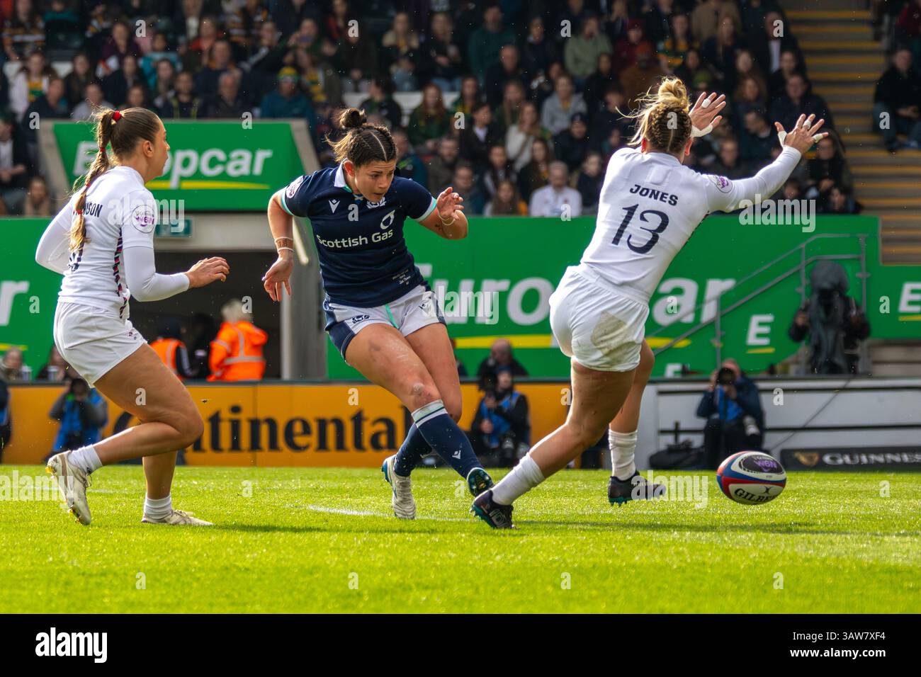Leicester, UK, 19th April 2025 Scotland centre Lisa Thomson puts a kick ...
