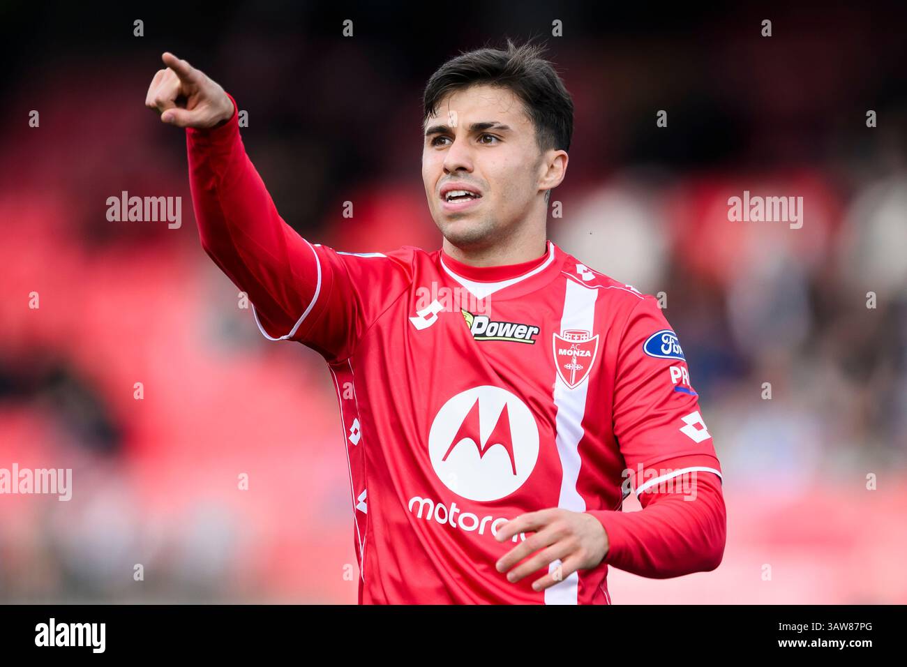 Monza, Italy. 19 April 2025. Alessandro Bianco of AC Monza gestures ...