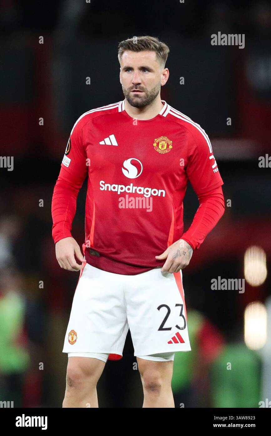Manchester, UK. 17th Apr, 2025. Manchester United defender Luke Shaw ...