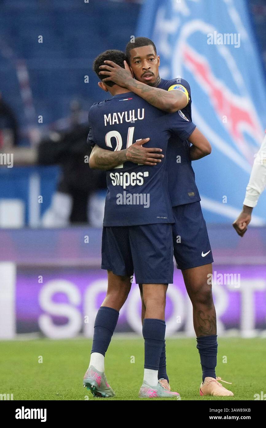 PSG's Presnel Kimpembe, right, and PSG's Senny Mayulu celebrate after ...