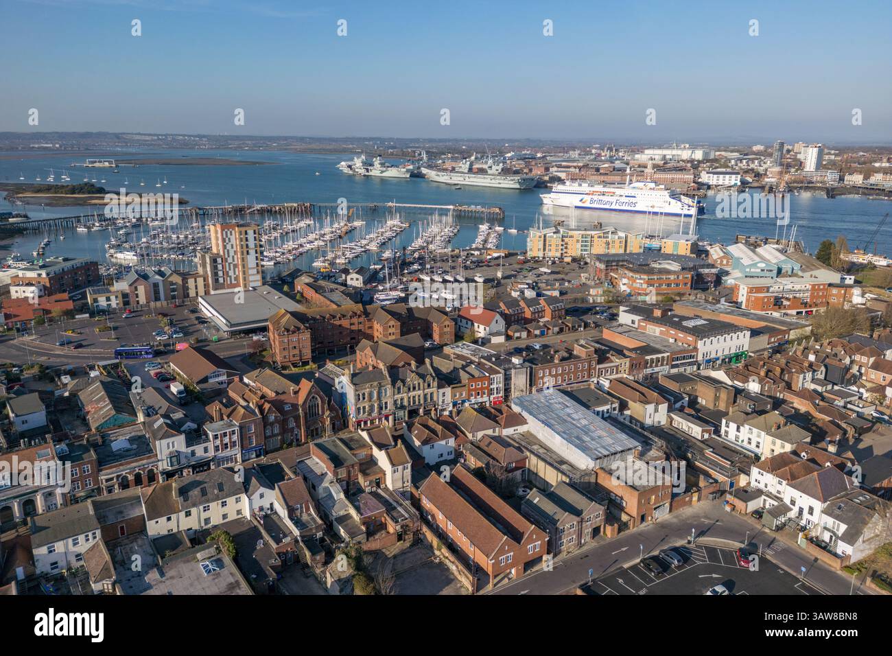 Aerial view of Gosport with a Brittany Ferries ferry heading towards ...